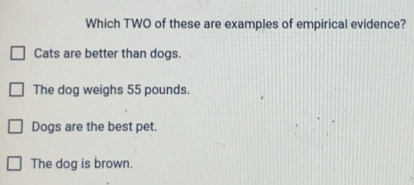 Solved: Which TWO of these are examples of empirical evidence? Cats are ...