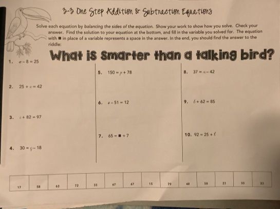Solved: 3-3 One Step Addition & Subtraction Equations Solve each ...