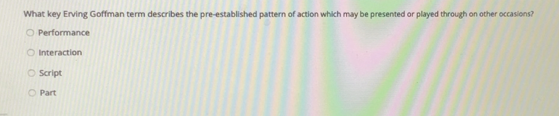 Solved: What key Erving Goffman term describes the pre-established ...