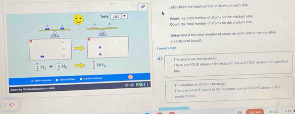 Solved: Let's check the total number of atoms on each side. Tools: τ ...