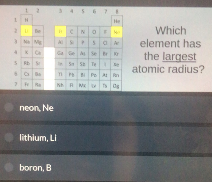 Solved: Which element has the largest atomic radius? neon, Ne lithium ...