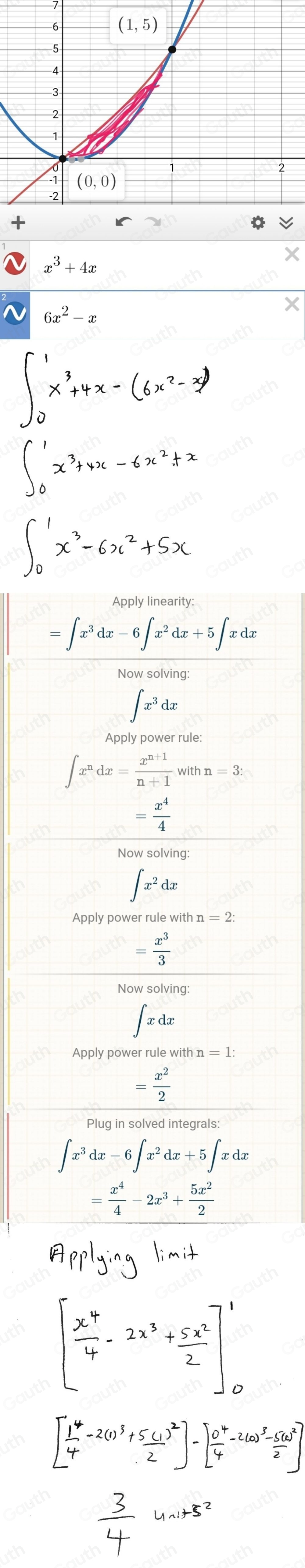 Solved: Let f(x)=x^3+4x and g(x)=6x^2-x Determine the area A of the ...