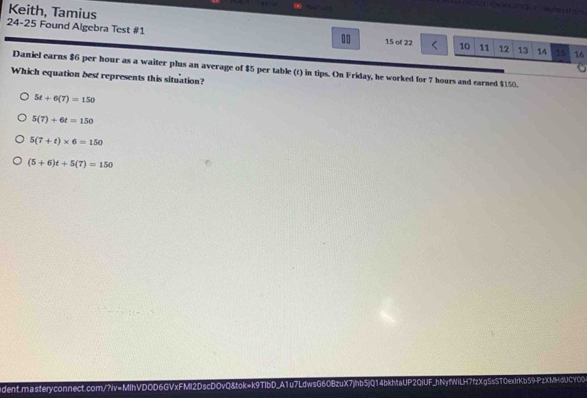 Solved: Keith, Tamius 24-25 Found Algebra Test #1 00 15 of 22