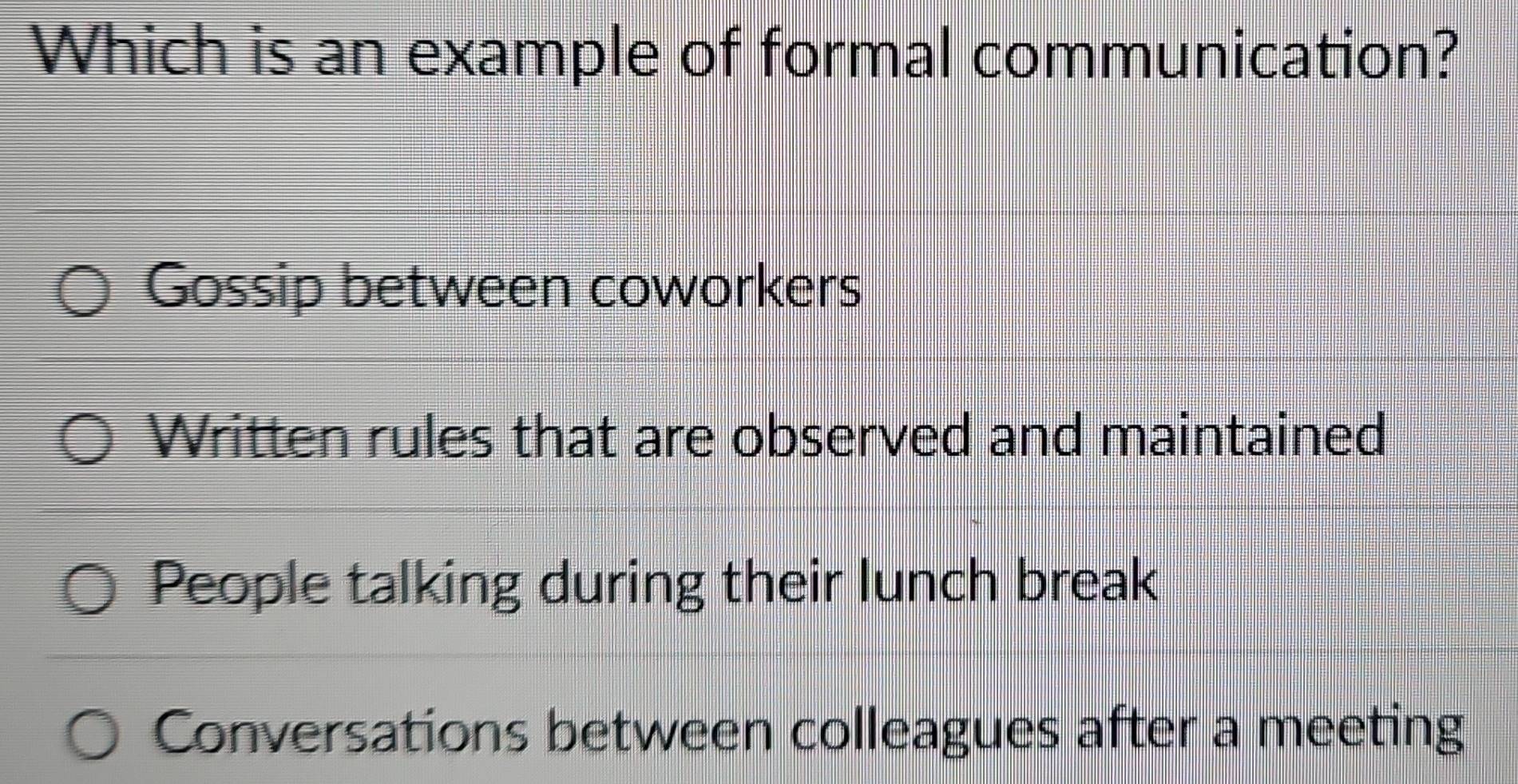 Solved: Which is an example of formal communication? Gossip between ...