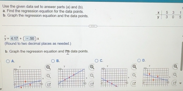 Solved: Use the given data set to answer parts (a) and (b). a. Find the regression equation for ...