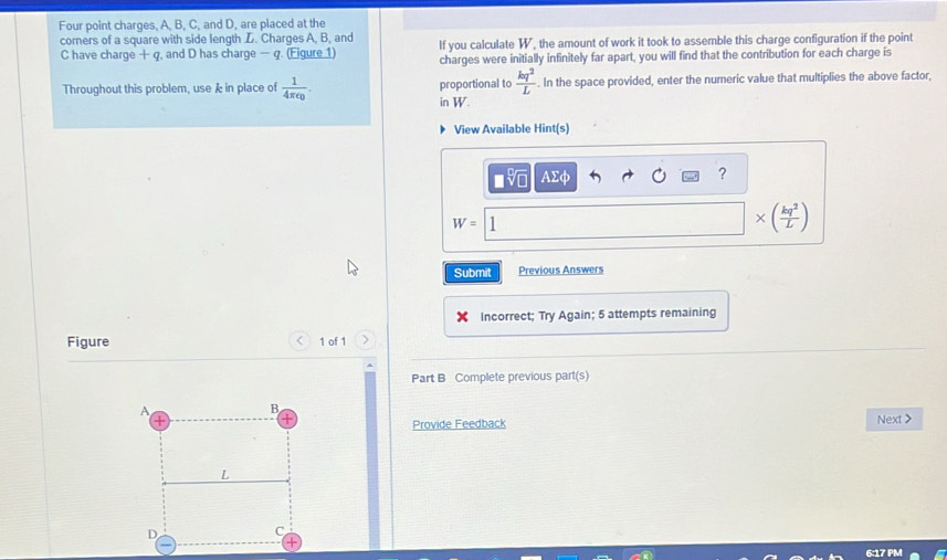 Solved: Four point charges, A, B, C, and D, are placed at the corners of a square with side ...