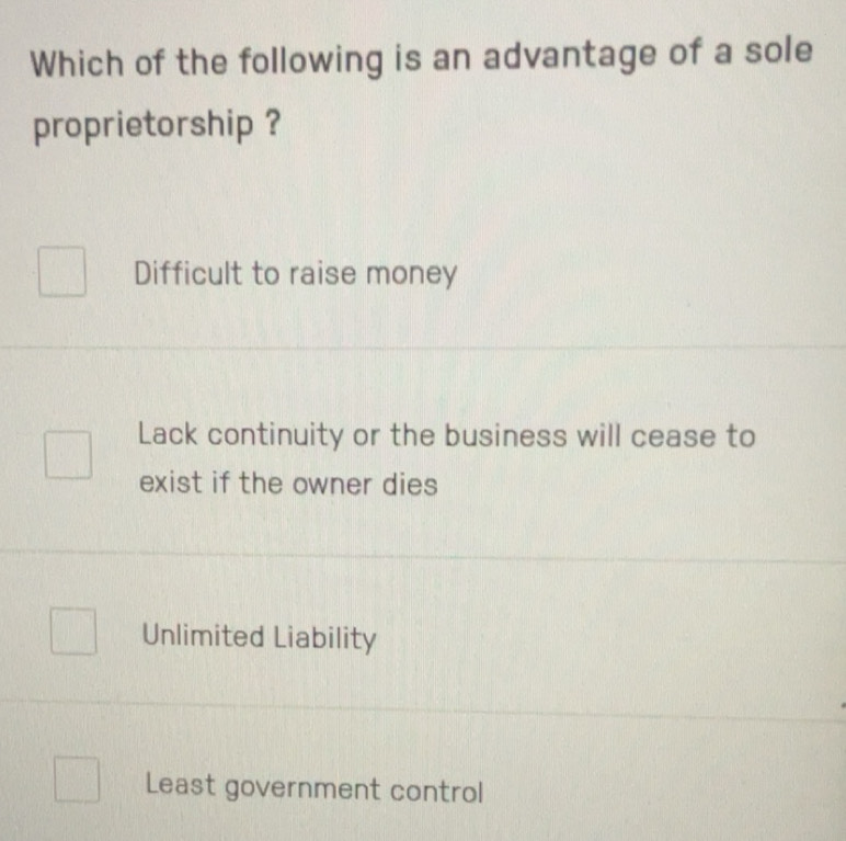 Solved: Which of the following is an advantage of a sole proprietorship ...