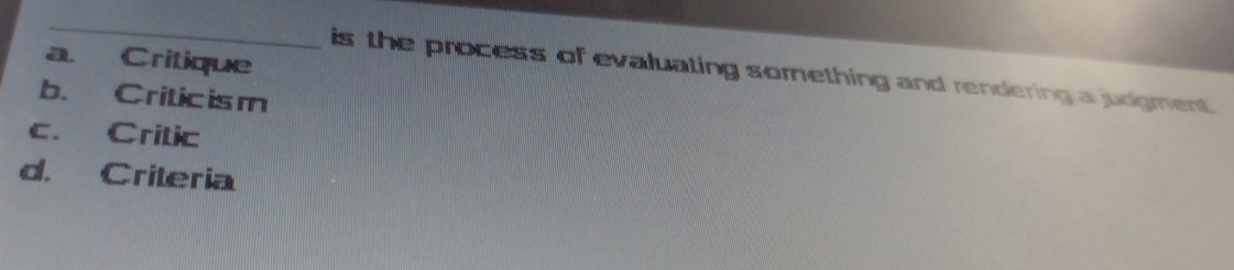 Solved: a. Critique is the process of evaluating something and ...