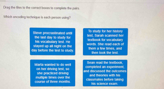 Solved: Drag the tiles to the correct boxes to complete the pairs. Which encoding technique is ...