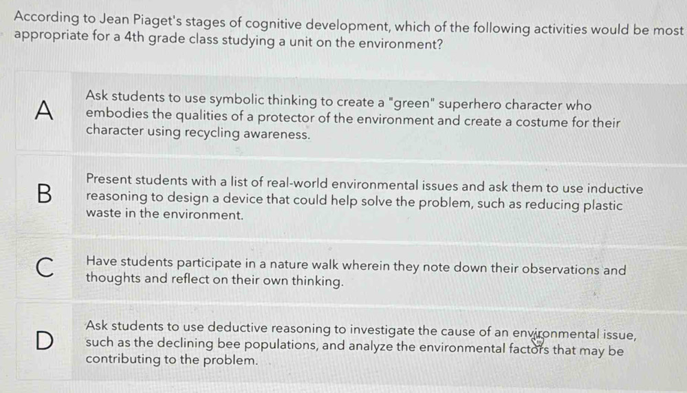 Solved: According to Jean Piaget's stages of cognitive development ...