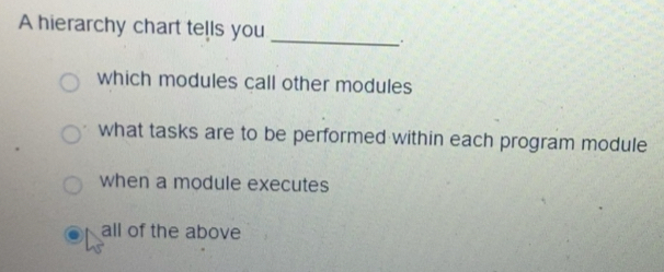 Solved: A hierarchy chart te_ls you _ which modules call other modules ...