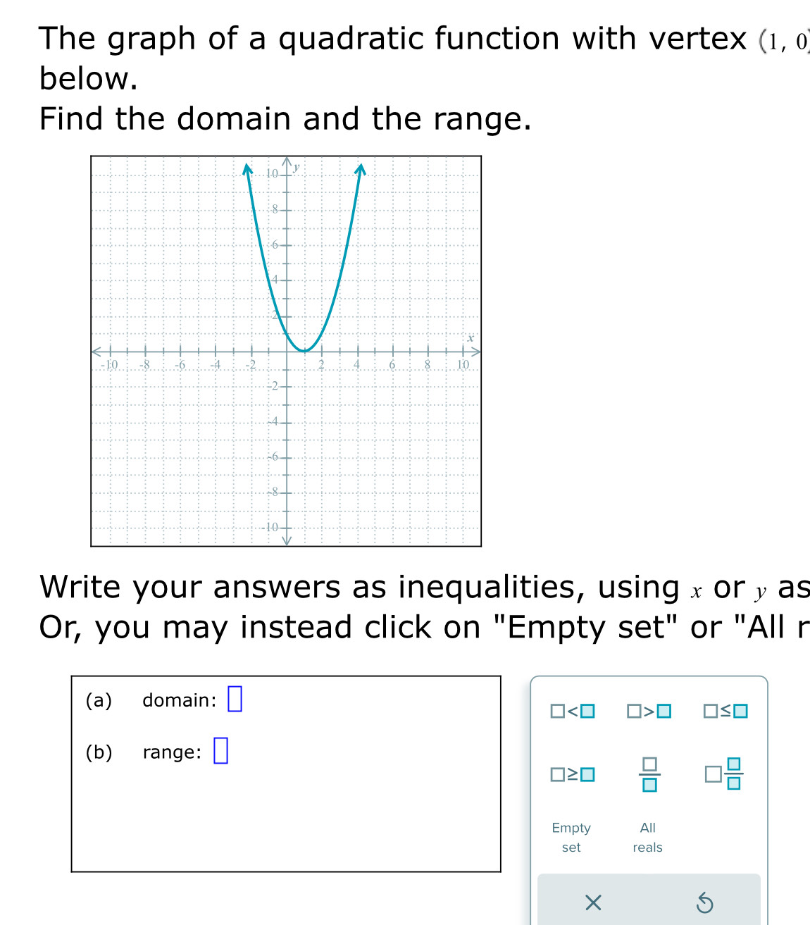 Solved: The graph of a quadratic function with vertex (1,0) below. Find ...