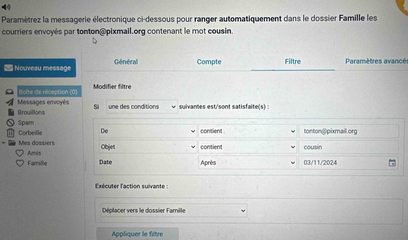 Solved: Paramètrez la messagerie électronique ci-dessous pour ranger ...
