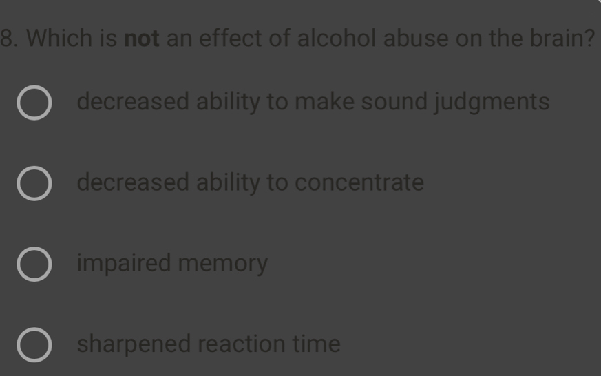 Solved: Which is not an effect of alcohol abuse on the brain? decreased ...