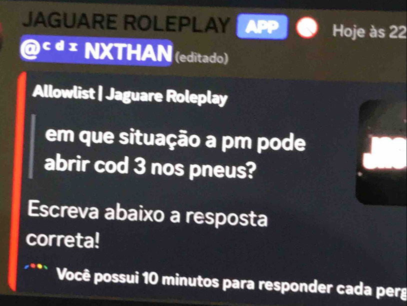 Solved: JAGUARE ROLEPLAY Hoje às 22 )c ª ∞ NXTHAN (editado) Allowlist | Jaguare Roleplay em qu ...