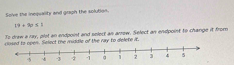 Solved: Solve the inequality and graph the solution. 19+9p≤ 1 To draw a ray, plot an endpoint ...
