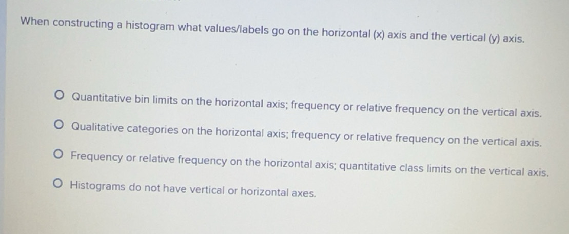 Solved: When constructing a histogram what values/labels go on the ...