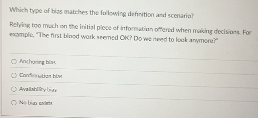 Solved: Which type of bias matches the following defnition and scenario ...