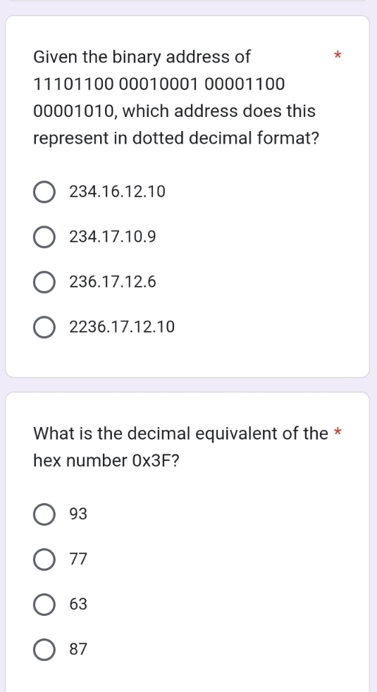 Solved: Given the binary address of * 11101100 00010001 00001100 ...