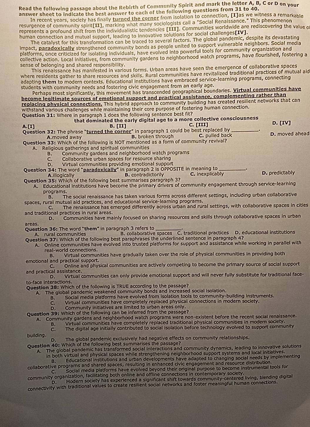 Giải quyết:Read the following passage about the Rebirth of Community ...