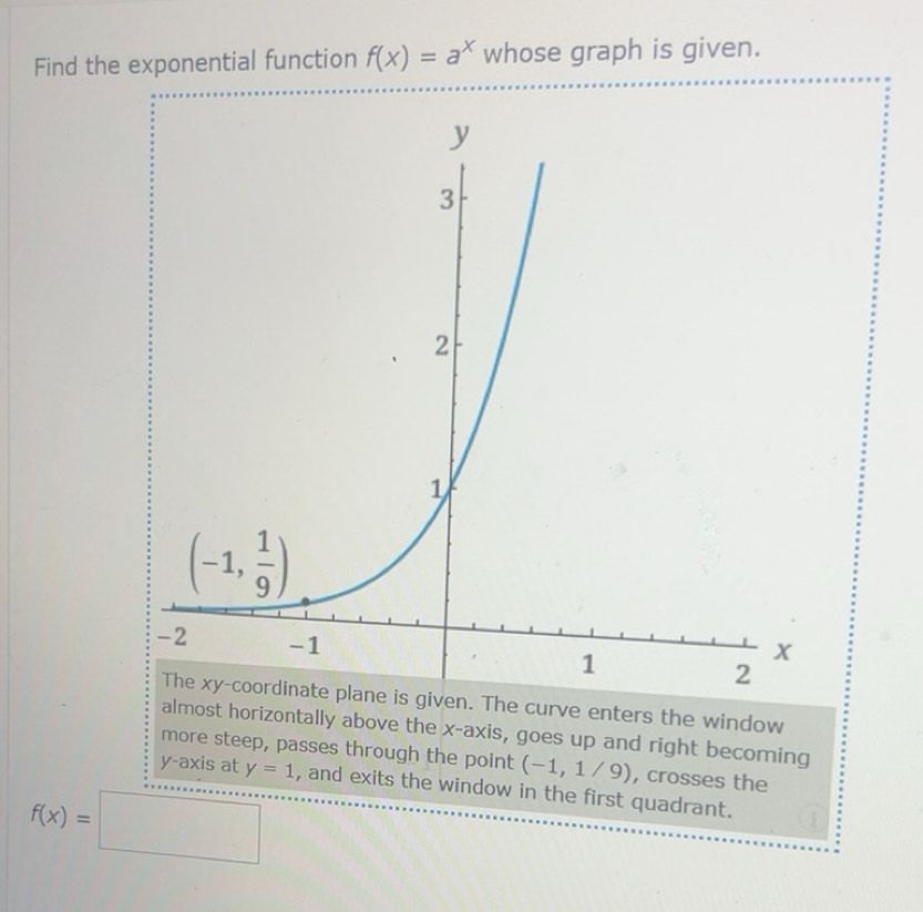 Solved: Find the exponential function f(x)=a^x whose graph is given ...