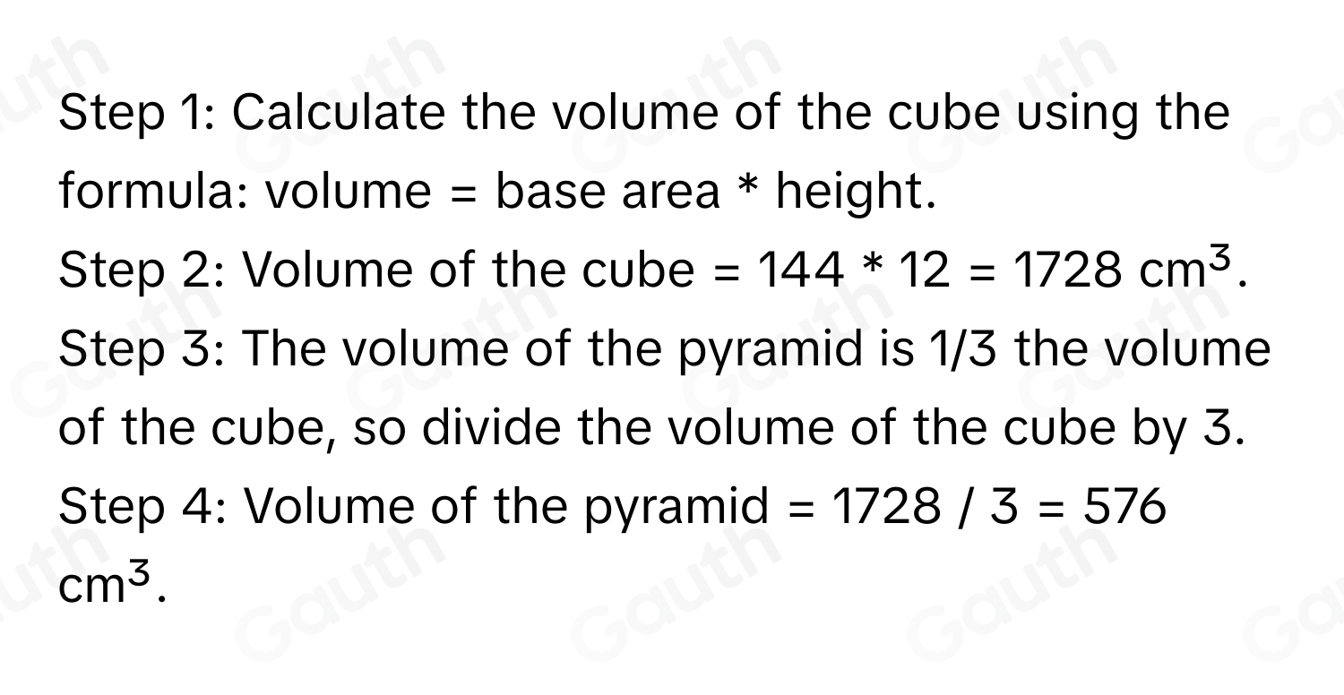Solved: A cube has a height of 12 centimeters and a base area of 144 ...