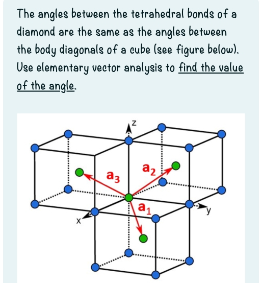 Solved: The angles between the tetrahedral bonds of a diamond are the same as the angles between ...