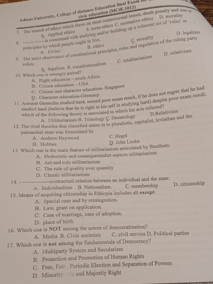 Solved: Admas University, College of distance Education final Exam I ...