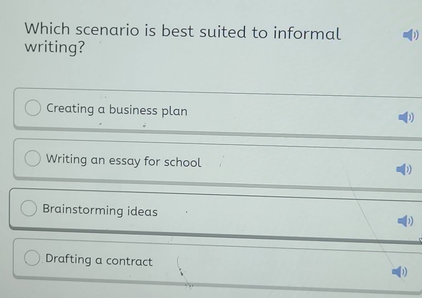 Solved: Which scenario is best suited to informal ) writing? Creating a ...