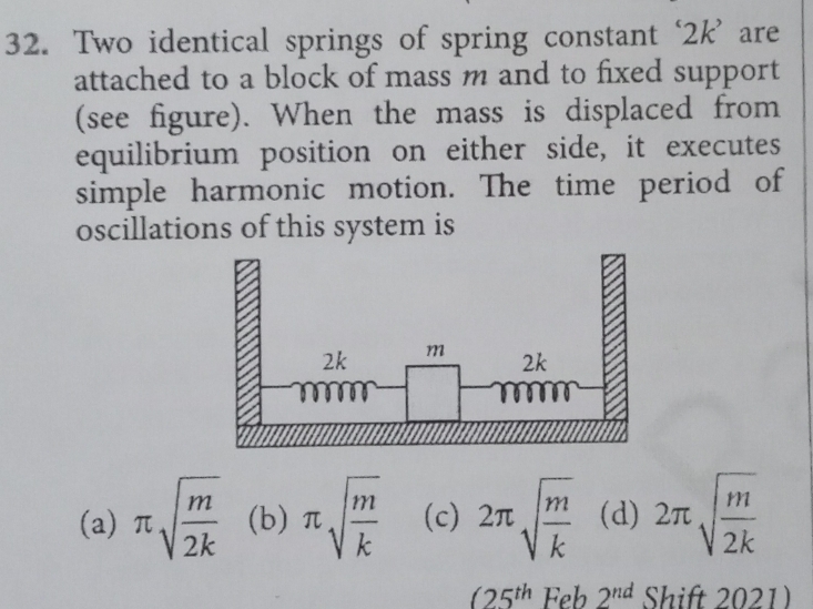 Solved: Two identical springs of spring constant ‘ 2k ’ are attached to ...