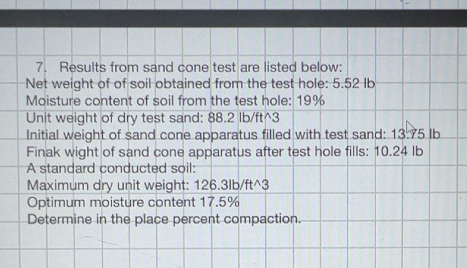 Solved: Results from sand cone test are listed below: Net weight of of ...