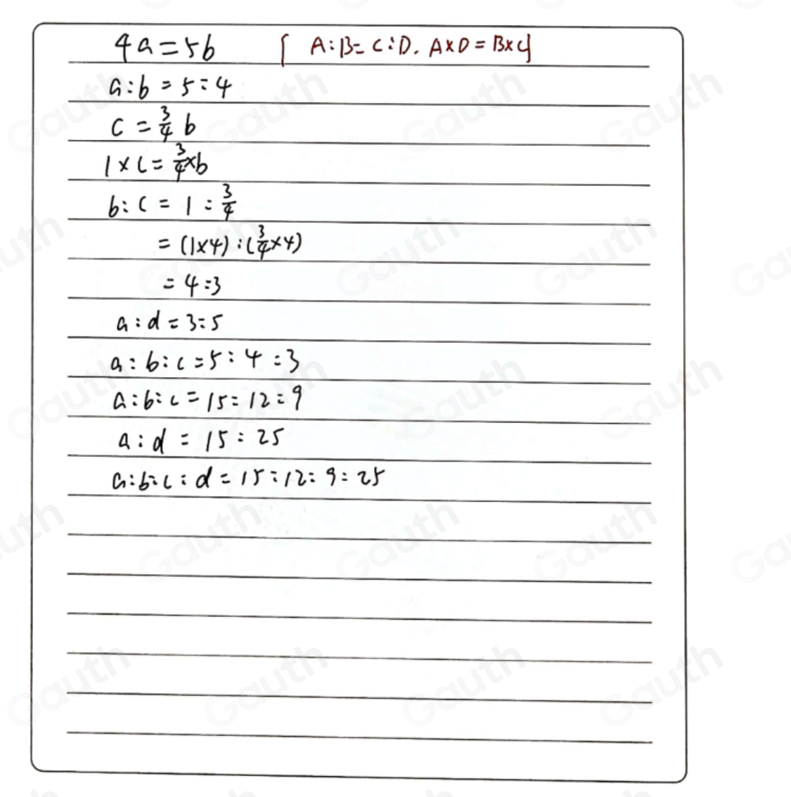 Solved: 16 a, b, c and d are integers. 4a=5b c= 3/4 b a:d=3:5 Find a:b:c:d [Math]