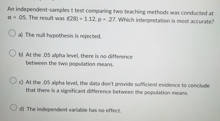 Solved: An independent-samples t test comparing two teaching methods ...