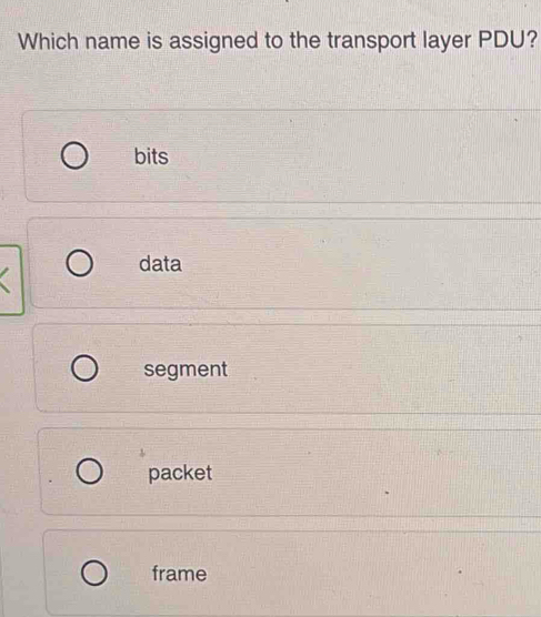 Solved: Which name is assigned to the transport layer PDU? bits data ...