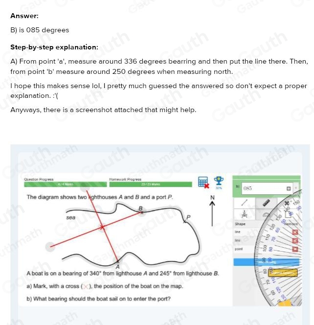 Solved: The diagram shows two lighthouses A and B and a port P. N A ...