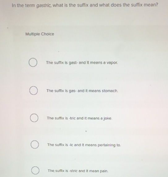 Solved: In the term gastric, what is the suffix and what does the ...