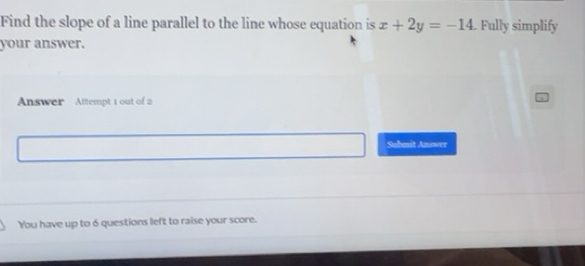 Solved: Find the slope of a line parallel to the line whose equation is ...