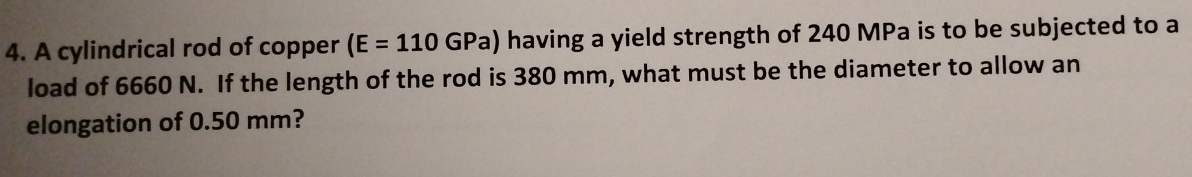 Solved: A cylindrical rod of copper (E=110GPa) having a yield strength ...