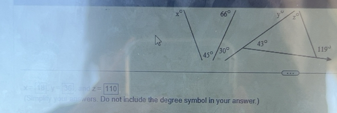 Solved: x=18).y=36 , and z=110 (Simplity your answers. Do not include ...