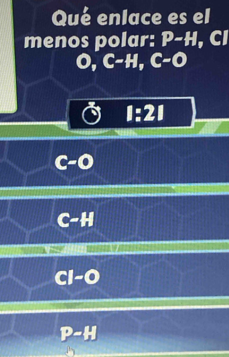 Solved: Qué enlace es el menos polar: P-H , Cl O, C-H, C-O I:2I C-O C-H a=( P-H [Others]