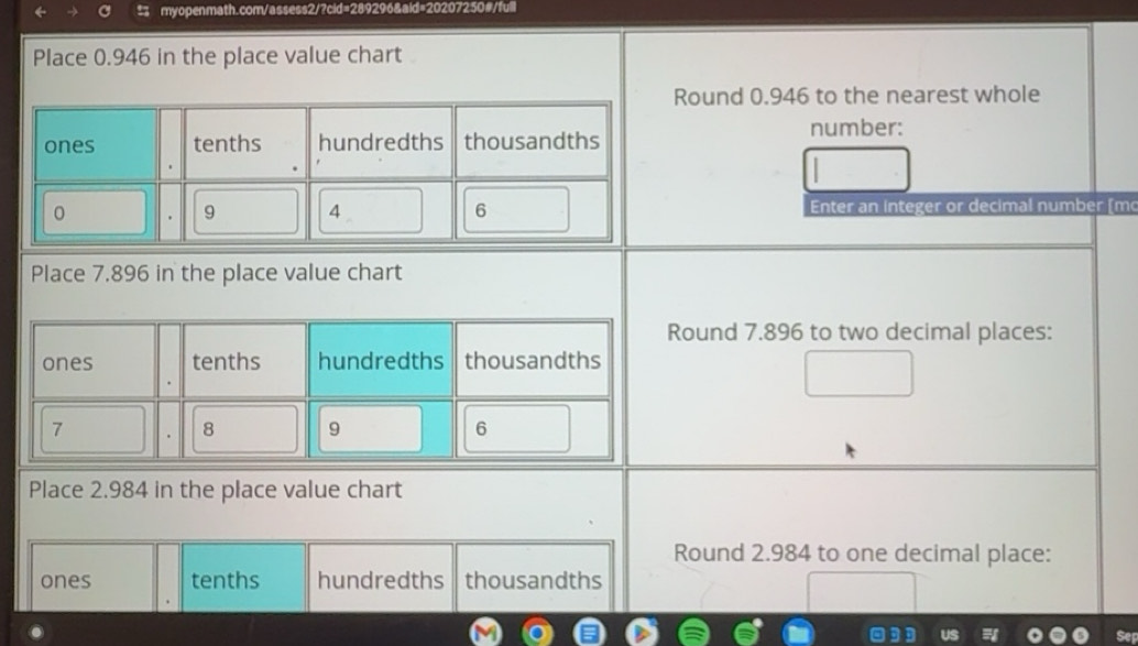 Solved: Place 0.946 in the place value chart Round 0.946 to the nearest ...
