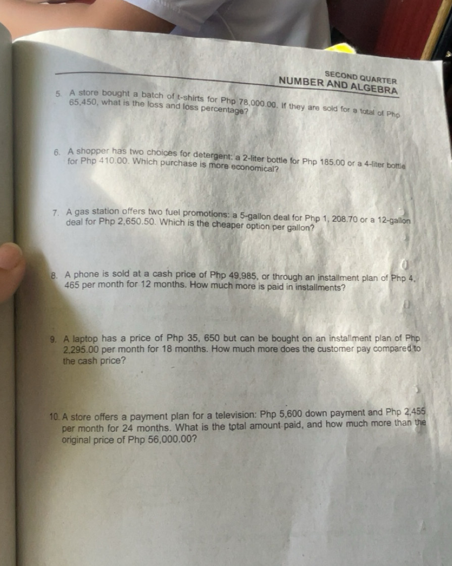 Solved: SECOND QUARTER NUMBER AND ALGEBRA 5. A store bought a batch of ...