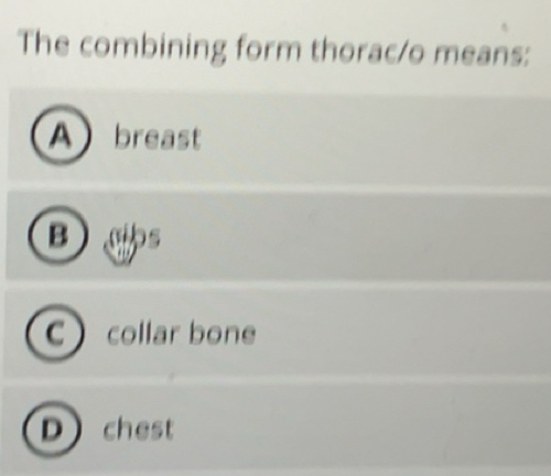 Solved: The combining form thorac/o means: A breast Bsips C collar bone ...