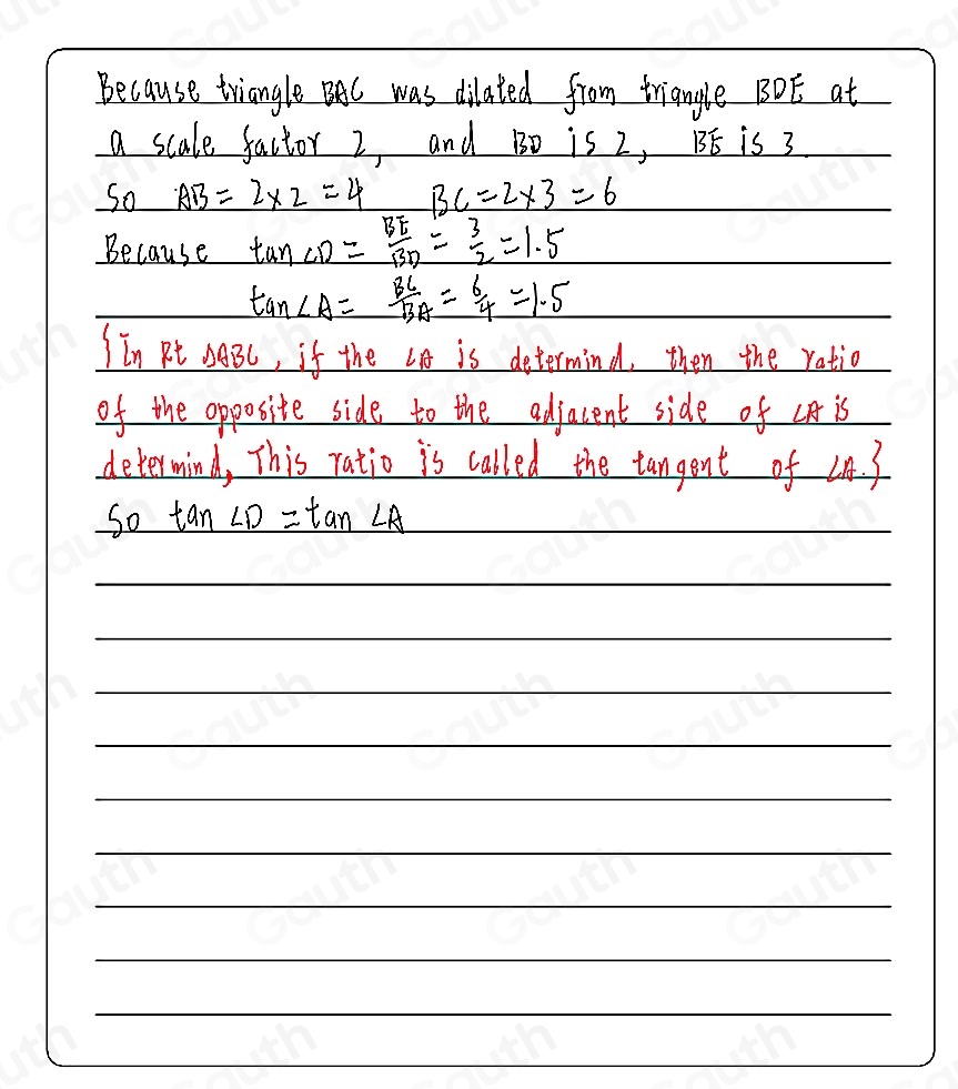 Solved: Triangle BAC was dilated from triangle BDE at a scale factor of 2. What proportion ...