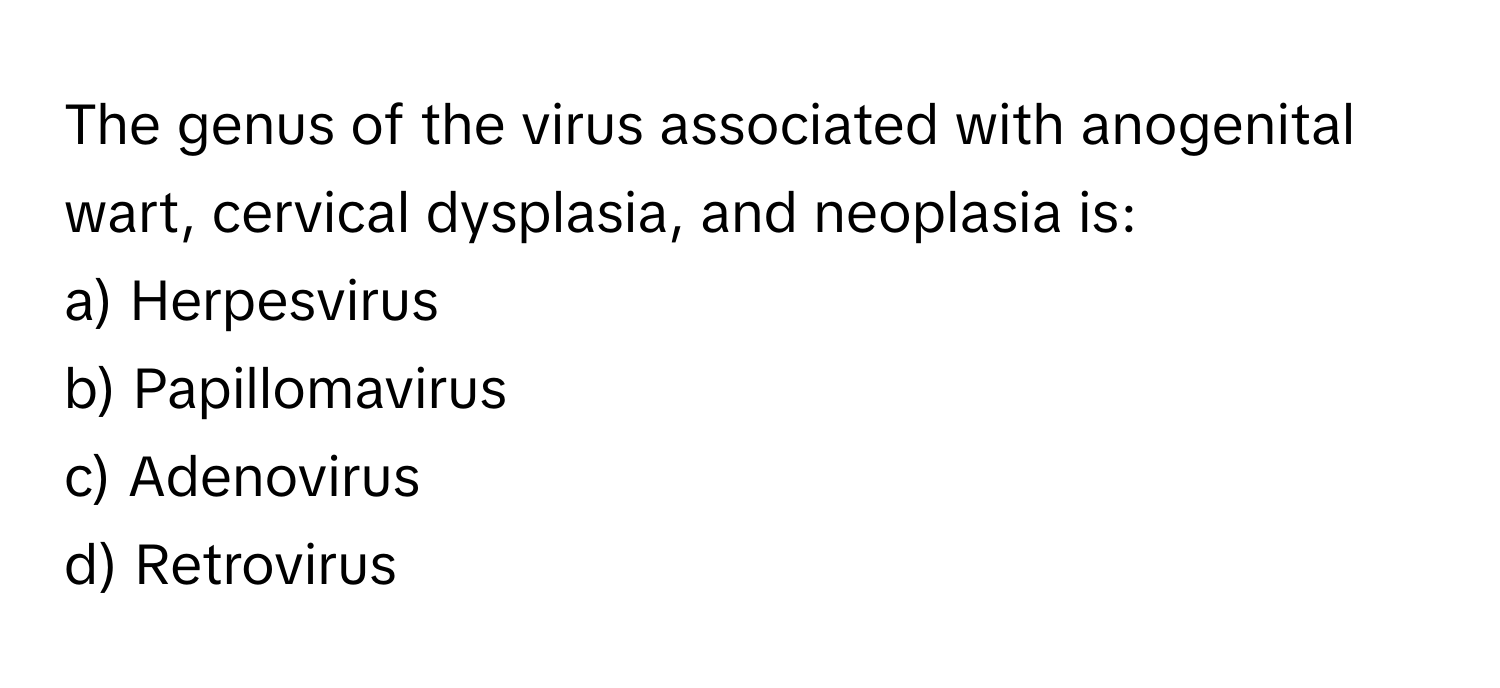 Solved: The genus of the virus associated with anogenital wart ...