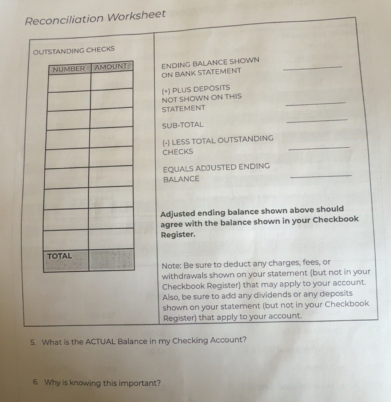 Solved: Reconciliation Worksheet OUTSTANDING CHECKS ENDING BALANCE ...
