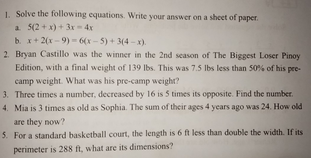 Solved: Solve the following equations. Write your answer on a sheet of ...