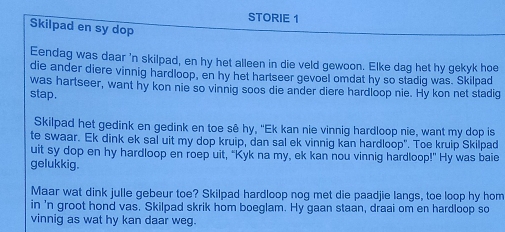 Solved: STORIE 1 Skilpad en sy dop Eendag was daar 'n skilpad, en hy ...