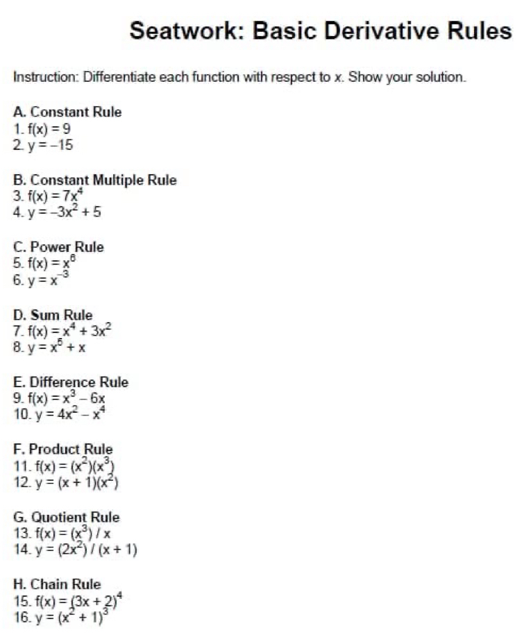 Solved: Seatwork: Basic Derivative Rules Instruction: Differentiate ...