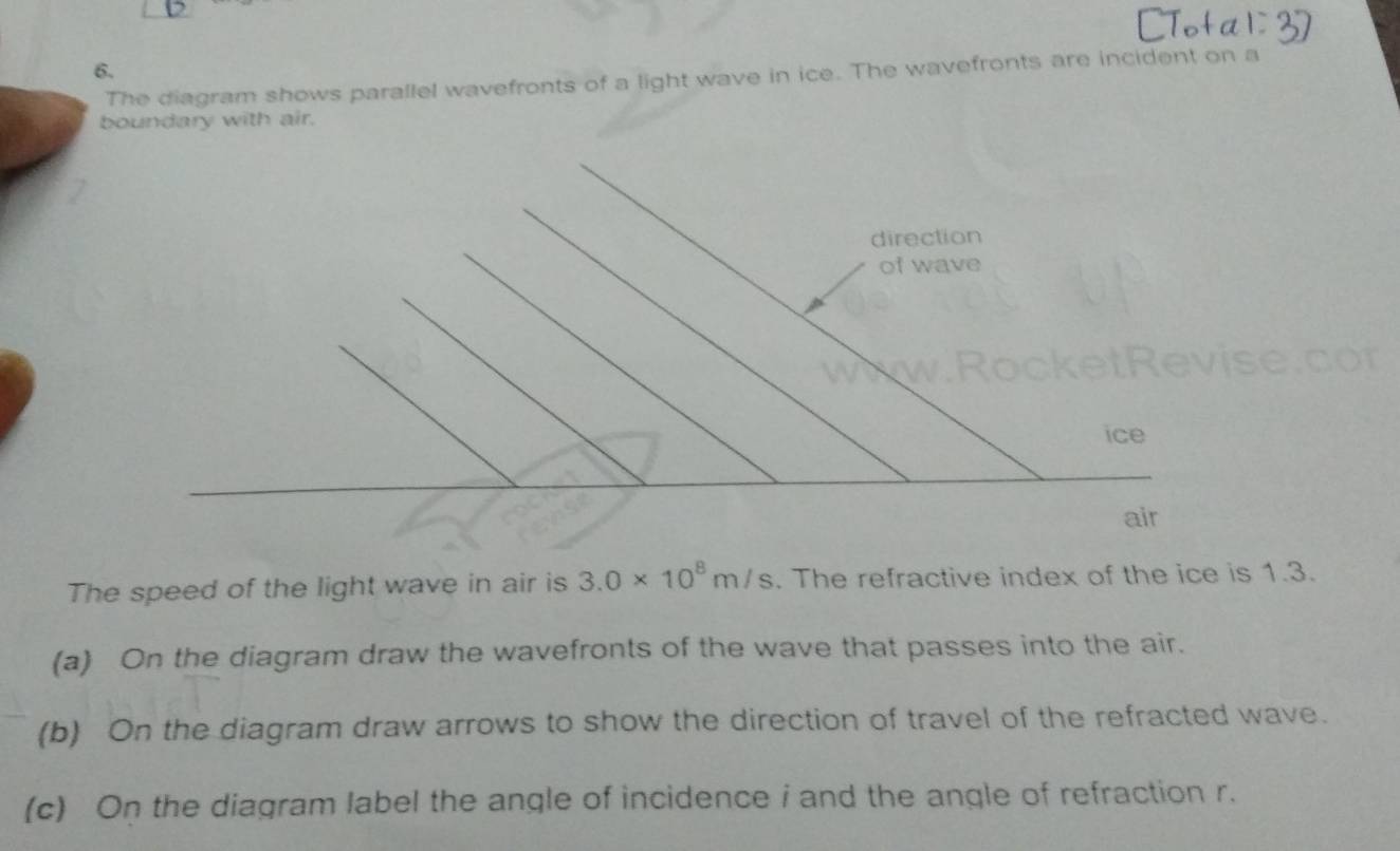 Solved: The diagram shows parallel wavefronts of a light wave in ice ...